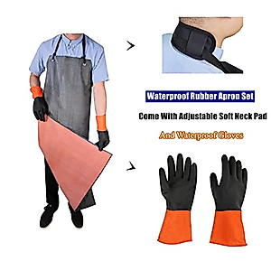 Rubber Apron Waterproof with Thick Rubber Gloves for Men and Women, Heavy Duty Butcher Apron with Adjustable Neck Pad, Chemical Aprons, Long Waterproof Apron for Dishwashing, Cleaning, Lab Work