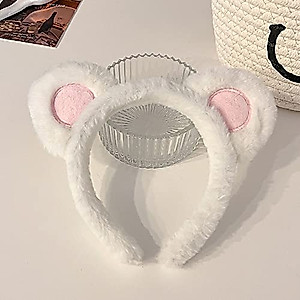 BYBYCD Plush Bear Ear Headband Hair Hoop Head Wrap Wash Face Non Slip Hairbands For Girls Women(white&pink)