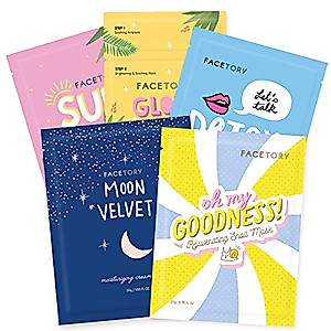 FACETORY Collection Facial Mask Set - Hydrating, Purifying, Soothing, Moisturizing, Revitalizing - Soft, Form-Fitting Face Masks, For All Skin Types, Pack of 5 Sheet Masks
