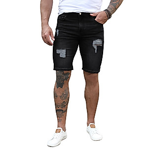 JMIERR Mens Shorts Casual Denim Stretch Slim Fit Washed Distressed Rolled Ripped Jean Shorts for Men US 36(L) Model B Black