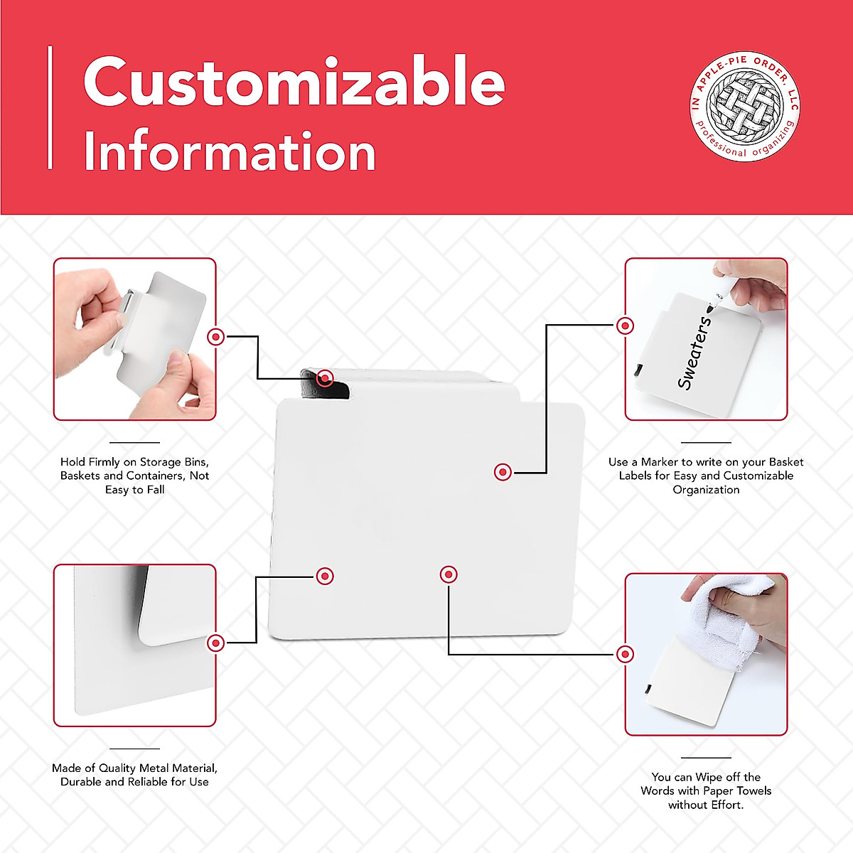 Labels for Storage Bins | Metal Storage Bin Labels (2.5” x 3.5”) - Set of 8 Basket Clip On Labels for Storage Bins w/Non-Slip Grip Pads & Dry Erase Marker - Removable Bin Labels for Storage Bins