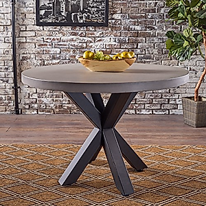 Christopher Knight Home Teague Light Weight Concrete Circular Dining Table with Iron Cross Pedestal Base, White / Black