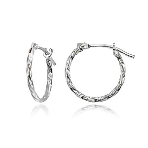 14K White Gold Very Tiny Small 12mm High Polished Twist Thin Lightweight Hoop Earrings for Men Women
