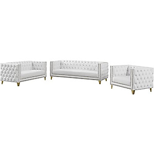 Meridian Furniture 651White-S Michelle Collection Modern | Contemporary Sofa with Deep Button Tufting, Nailhead Trim and Sturdy Gold Iron Legs, 90" W x 34" D x 30" H, White