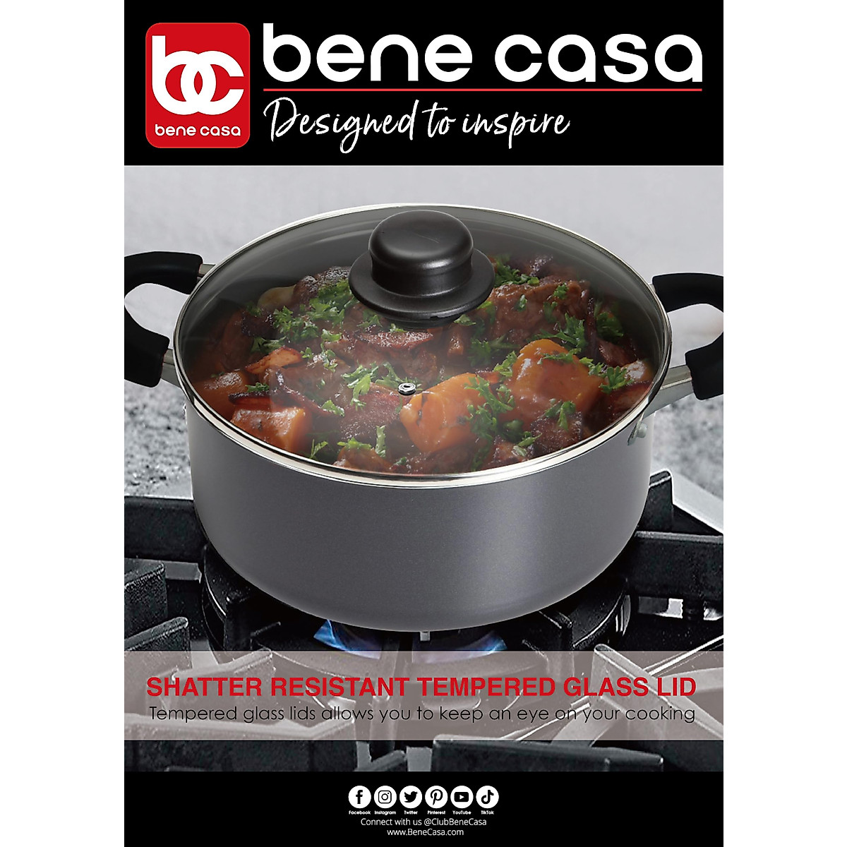 Bene Casa3-Quart Nonstick Dutch Oven Aluminum, Ventd Glass Lid, Stay-Cool Handles, Dishwasher Safe, Perfect for Simmering and Slow Cooking
