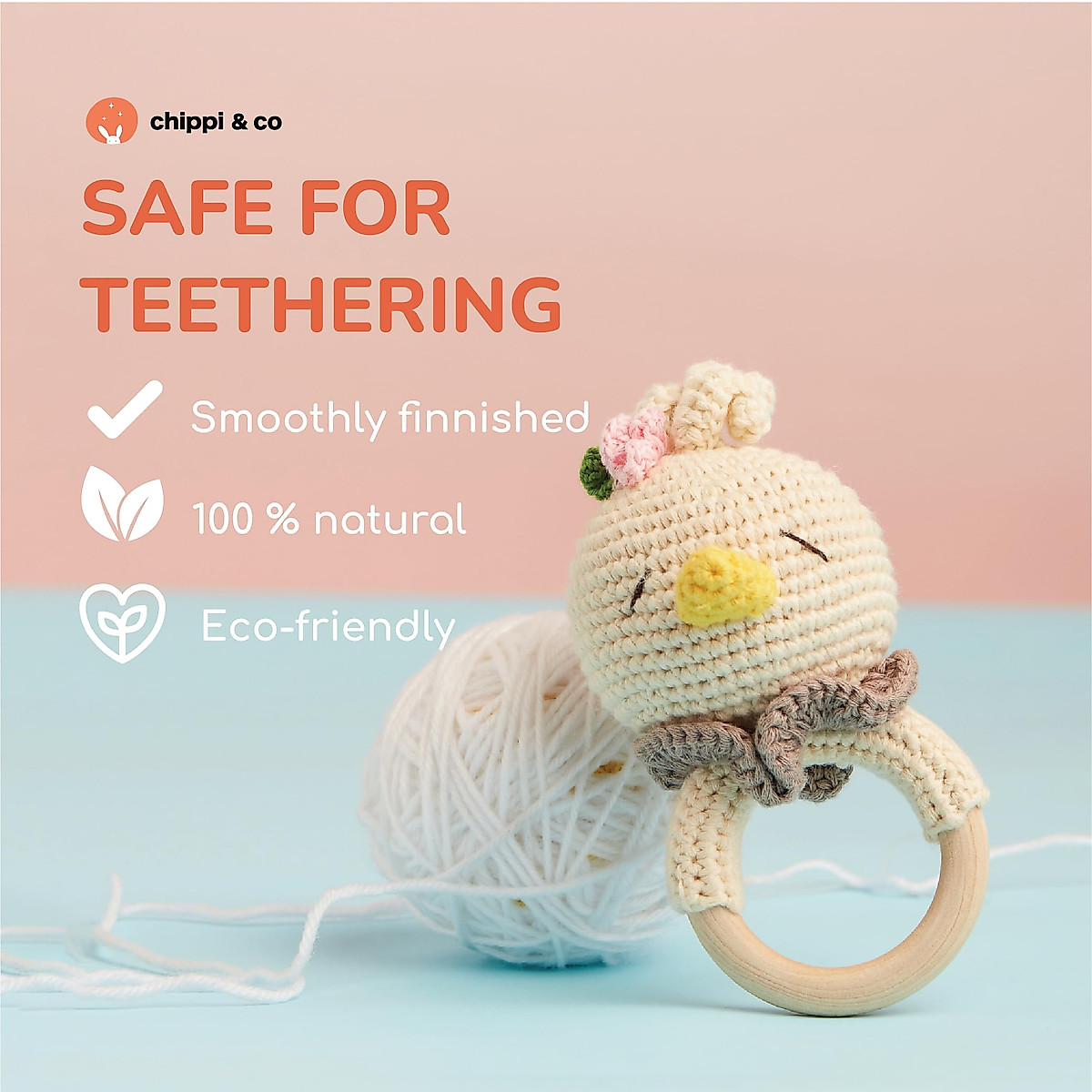 Chippi & Co Wooden Crochet Baby Rattle, Crochet Toys Stuffed Animals Easter Gifts for Kids, Newborn Toys, Unique Easter Basket Stuffers, Basket Filler, Cute Baby Shower Decor (Dora The Chicken)