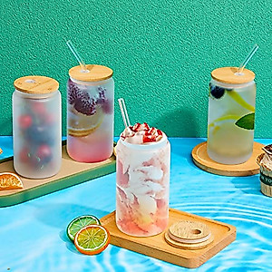 Tessco 12 Pack 16oz Sublimation Glass Blanks Frosted with Bamboo Lid Sublimation Beer Can Shaped Glass Wide Glass Cups Mugs Drinking Frosted Glass Tumbler with Straw, Sponge Brush, Straw Brush