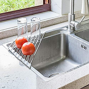 Annaklin Roll Up Dish Drying Rack for Sink Corner, Triangle Heavy Duty Heat Resistant Over The Sink Drying Rack Roll-Up Drainer Mat with White Silicone Grips and Stainless Steel Pipes, 17.5x9.2 inch