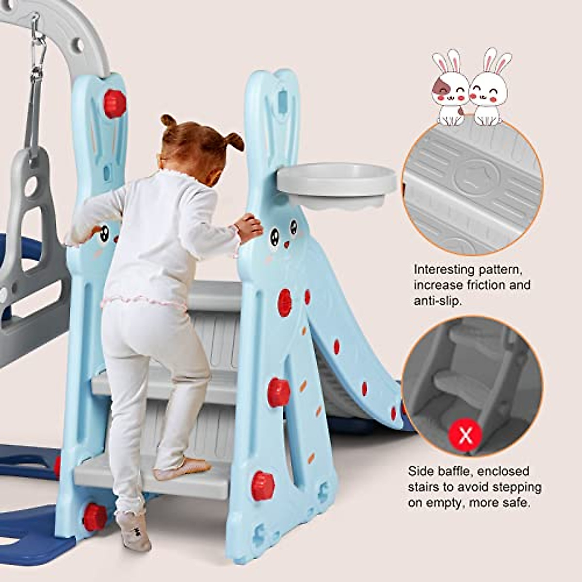 JOYLDIAS 4 in 1 Toddler Slide and Swing Set, Kid Climber Slide Playset w/Safety Belt, Basketball Hoop & Ball, Extra Long Slide, Children Toy Game for Indoor Outdoor Playground Backyard (Blue Rabbit)