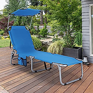GYMAX Beach Chair with Canopy Shade, Folding Tanning Lounge with Adjustable Backrest, Carry Handle & Side Pocket, Sunbathing Chair for Outside, Patio, Poolside, Lawn (1, Navy)