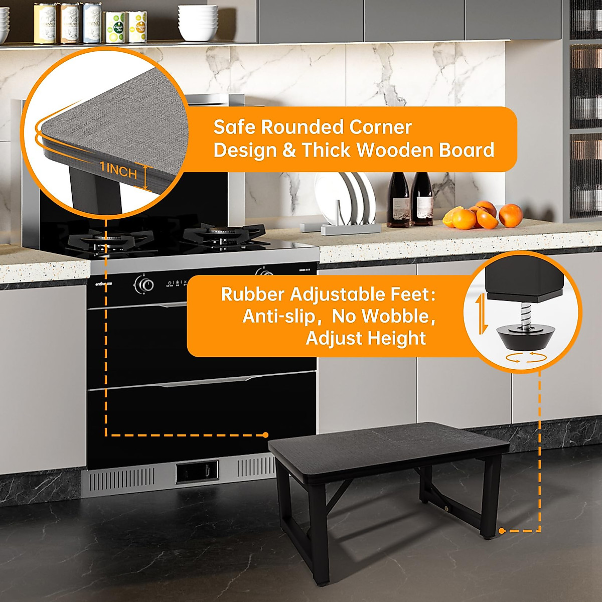 SZLHANJZ Step Stool, Small Step Stool for Adults Kids, Wooden & Metal Foot Stool, One Step Stool for Bedside and Closet, 500-LBS Load Heavy Duty Step for Living Room Bedroom, Gray