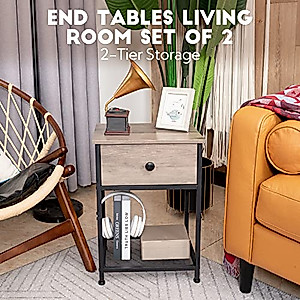 AMHANCIBLE Night Stand Set 2, Small End Side Tables Living Room with Drawer, Industrial Slim Nightstand with Shelf, Bedside Tabes for Bedroom, Wood Metal Accent Furniture, Greige HET03SDGY