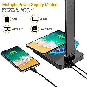 LED Desk Lamp for Home Office, 3 Levels Dimmable Desk Light with USB Charging Port, Small Study Lamp, Reading Light for Table, Deep Black, 5000K
