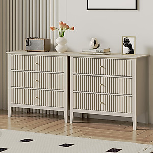 RoyalCraft 3 Drawer Dresser Set of 2, Fluted Chest of Drawers with Storage, Modern Painted 30 inch Tall Nightstand for Bedroom Living Room Entryway, Beige