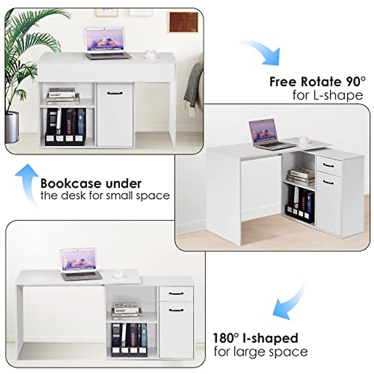 VANSPACE L-Shaped Rotating Computer Desk 68 inch with Storage Shelves Home Office Corner Desk with Drawers and File Cabinet Multipurpose Study Writing Table for Bedroom Small Space White