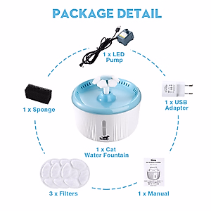 Toozey Cat and Dog Water Fountain, 2L Pet Fountain with Water Level Window and 3 Replacement Filters,quiet Dispenser