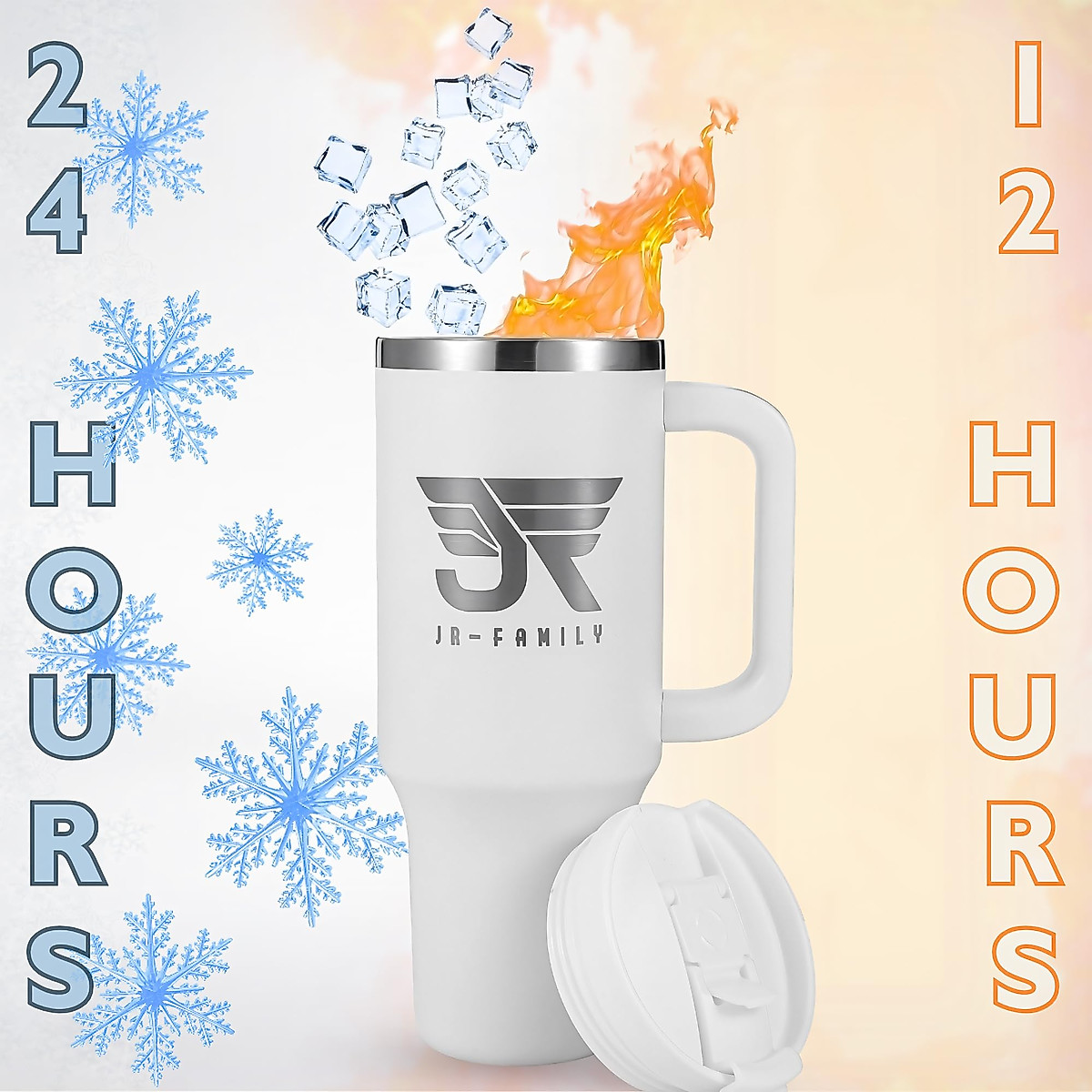 JR-FAMILY 40oz Spill Proof Tumbler with Lid Straw and Handle, Stainless Steel Insulated Travel Coffee Mug, Cup Holder Friendly, Easy Clean, Gifts for Women Men - White