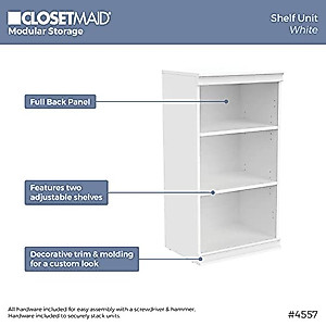 ClosetMaid Modular Storage Shelf Unit with 3 Shelves, Wood Closet Organizer Adjustable, Stacking, Full Backer, Decorative Trim, White, 40.29 H x 21.39 in. W x 15.91 in. D
