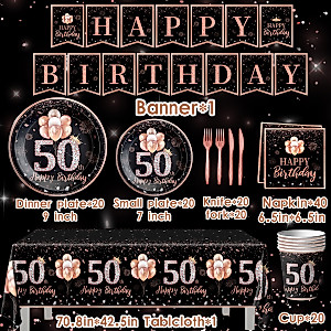 142Pcs 50th Birthday Tableware Decorations for Women Rose Gold Happy 50 Birthday Themed Tableware Set Disposable Tablecloth,Plates,Napkins,Cups,Forks and Knives of 50 Years Old Birthday Party