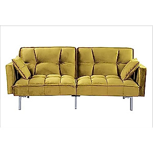 Container Furniture Direct Regal Convertible Sleeper Sofa Bed, Velvet Pull Out Couch with Mid-Century Style, Tufted Design and Metal Legs, Ideal for for Guests and Sleepovers, Greenish Yellow