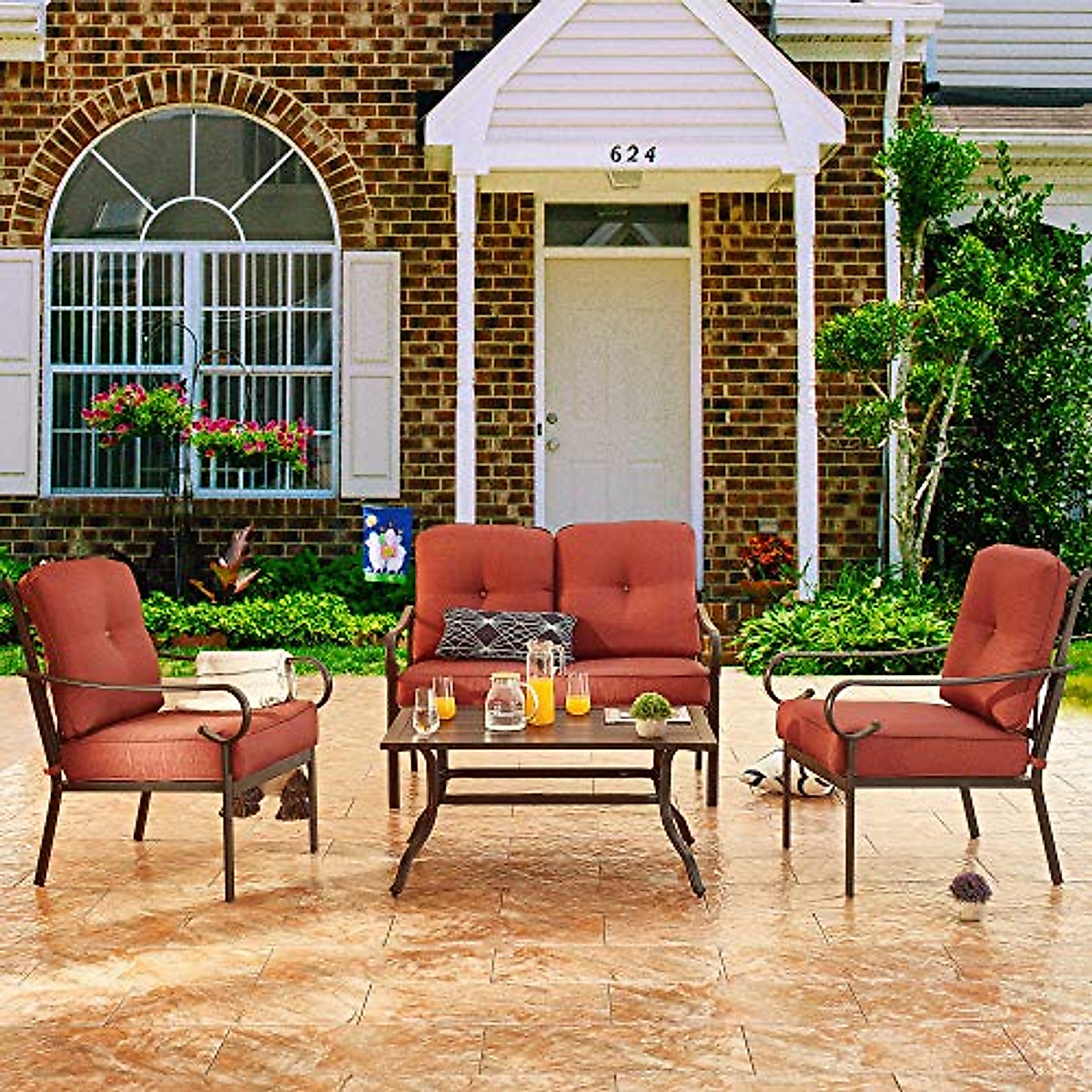 PatioFestival Patio Furniture Sets 4 Piece Metal Outdoor Sofas with 6.3 Inch Cushion Bistro Conversation Set(4PC,Red)