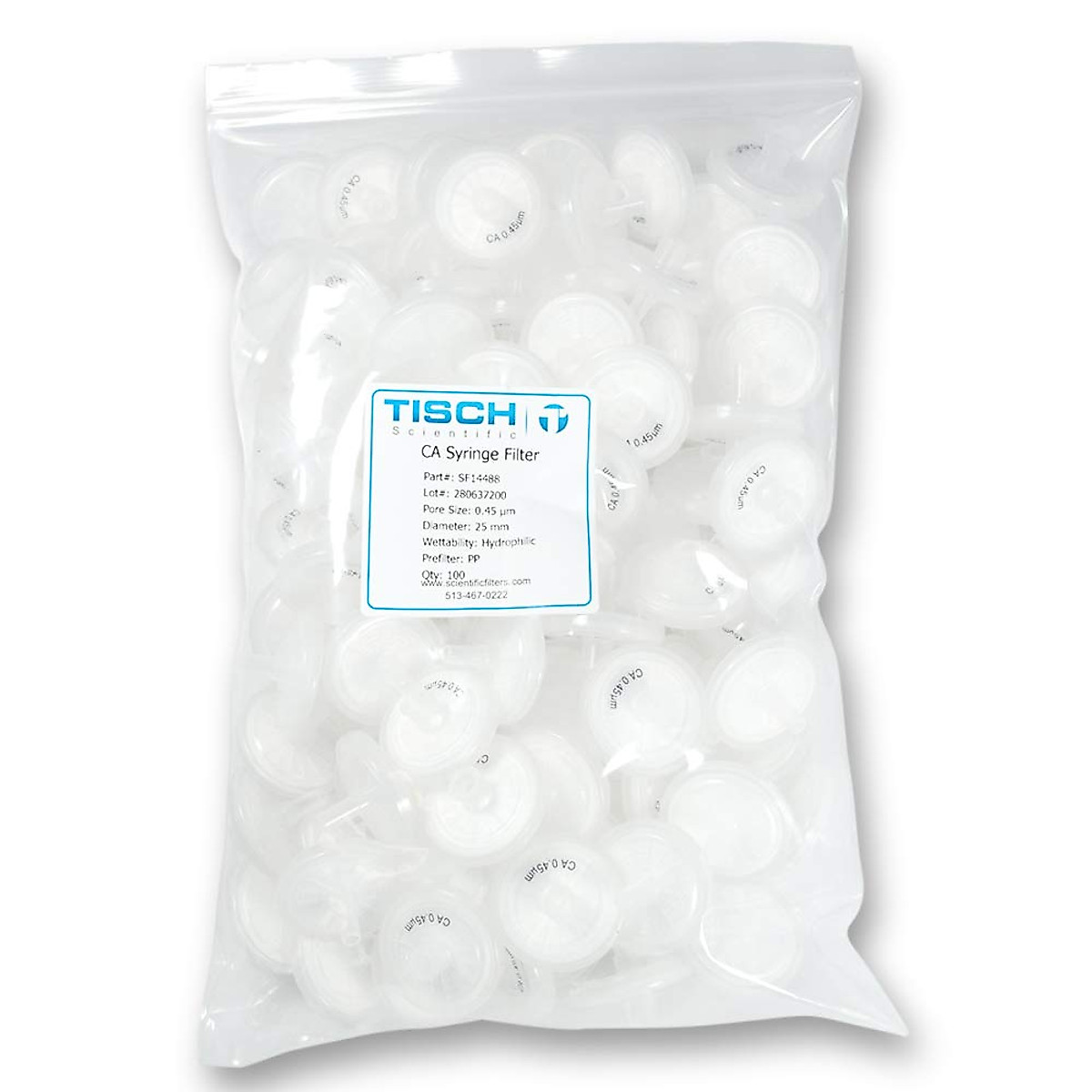 Tisch Brand SF14488 Cellulose Acetate Syringe Filter, 0.45um, 25mm, 1/pk/100 per Pack | Wettability: Hydrophilic | Maximum Operating Temperature: 50 Degrees C | Burst Pressure (psi): 87 |
