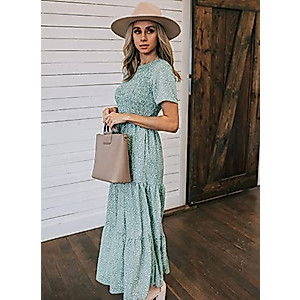 Zattcas Womens 2023 Spring Summer Smocked Tiered Boho Floral Long Maxi Dresses Casual Short Sleeve Modest Flowy Church Maternity Wedding Guest Dress Light Green M