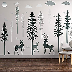 Nursery Wall Decal Forest Deer Pine Trees Wall Decal Woodland Vinyl Wall Sticker for Kids Babies Room Nursery Decoration (15.7 x 35.4 Inch)
