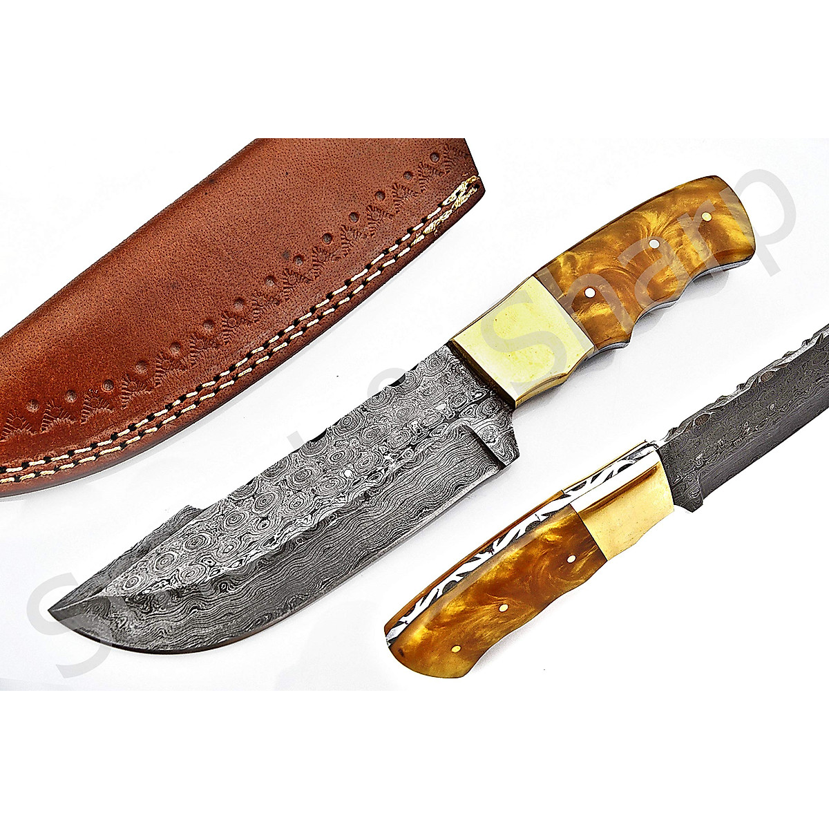 Smart & Sharp Custom Handmade Damascus Steel Hunting Knife/Skinning Knife AA-17235 (Beautiful Yellow & Brown Resin)