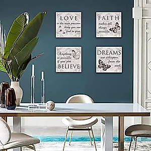 Butterfly Wall Art Grey Love Dream Faith Believe Quotes Pictures Bathroom Bedroom Living room Wall Decor Canvas Posters Prints (12 * 12inch*4)