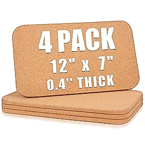 BlueGift Cork Trivet 4 Pack 12" x 7" x 0.4" Rectangle Cork Trivets for Hot Dishes, Thick Cork Hot Pads for Kitchen Table, Heat-Resistant Cork Mat for Countertop, Cork Trivet for Hot Pots, Pans, Plates
