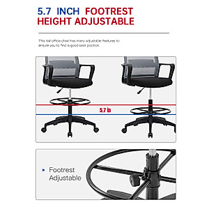 Office Chair Desk Chair Computer Chair Adjustable Height with Lumbar Support Arms Footrest Mid Back Swivel Rolling Mesh Drafting Chair for Adults Drafting Stool(Grey)