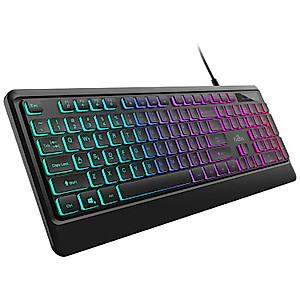 Fiodio Rainbow Membrane Gaming Keyboard, Quiet Wired Computer Keyboard, 104 Silent & 26 Anti-Ghosting Keys, Spill Resistant, Multimedia Control for PC and Desktop