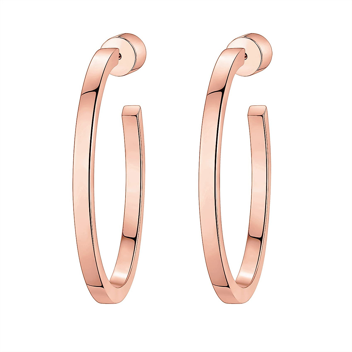 PAVOI 14K Rose Gold Plated Thin Square Edge Open Hoop Earrings for Women | Leightweight 30MM Diameter Hoops