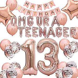 13th Birthday Decorations for Girl Rose Gold, OMG UR A Teenager Balloons Birthday Banner Number 13 Birthday Foil Balloons Confetti Balloons for 13 Years Old Birthday Girls
