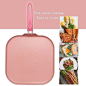 DXBVIEX Square Griddle Pan for Stove Top Nonstick, Flat Pan with Spatula & Brush, 11"X 11"(Pink)