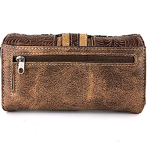 Justin West Gleaming Western Tooled Rhinestone Buckle Floral Embroidery Chain Shoulder Handbag Purse Concealed Carry (Brown handbag and wallet)