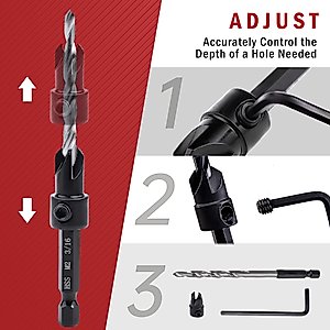 AIMLENTOOL Countersink Drill Bit Set, 5PCS Tapered Drill Bits, M2 Countersink Set with 1/4" Hex Shank Quick Change and 1 Allen Wrench for Woodworking, Pilot Screw Hole Set for Soft & Hard Wood