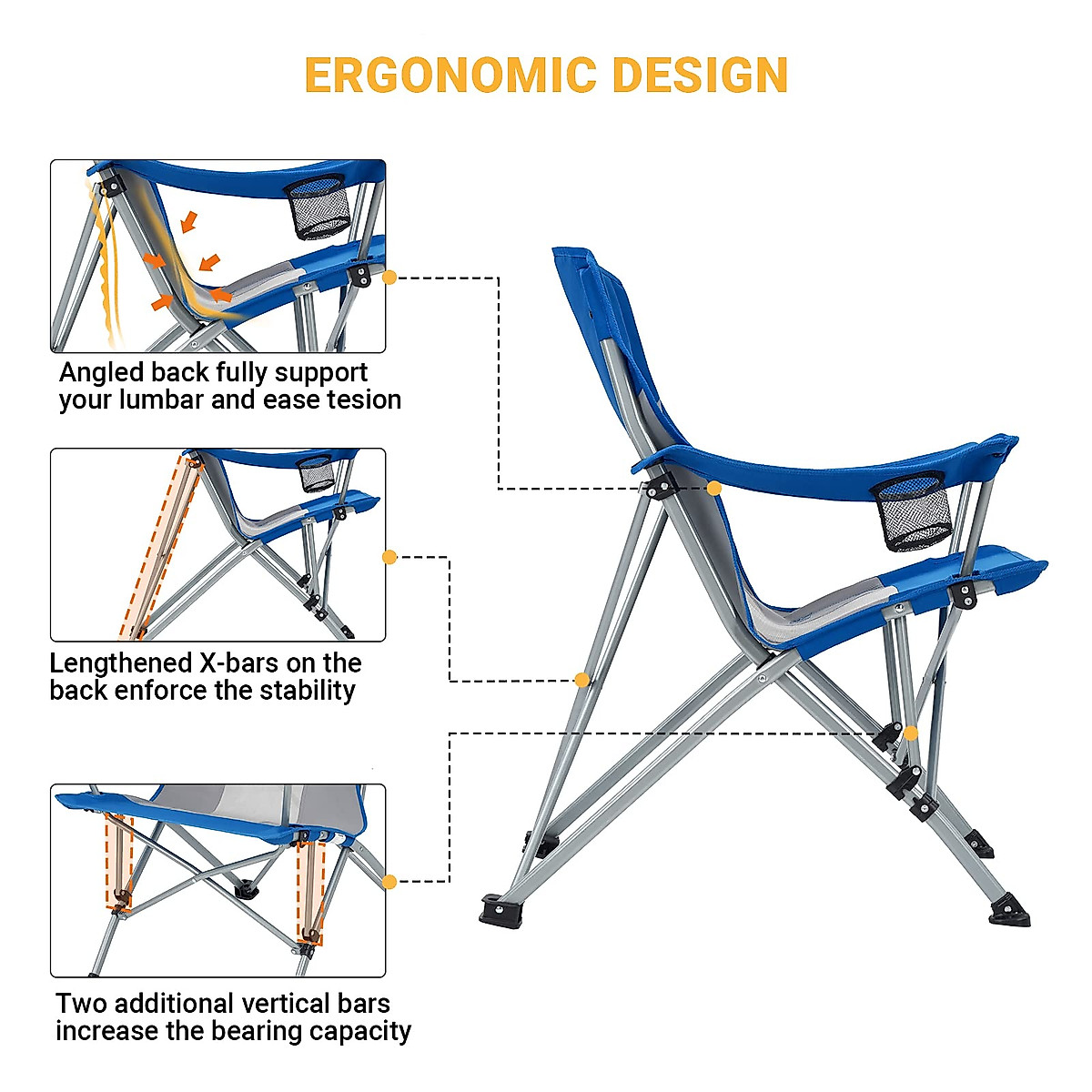 KingCamp Oversized Heavy Duty Outdoor Camp Lightweight Portable Lawn Chair Sturdy Steel Frame Supports 300 lbs with Cup Holder for Sports Fishing Picnic, one Size, Blue&Gray
