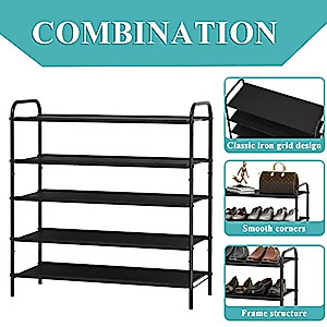 Wisdom Star 5 Tier Stackable Shoe Rack Organizer Storage, Adjustable Fabric Shoe Shelf for Closet Closet Hallway Bedroom Entryway, Black