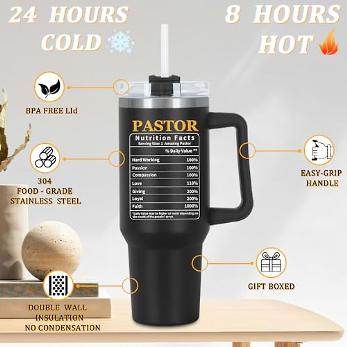 Muwnrol Pastor Appreciation Tumbler - 40 Oz, Christian Pastor Gift with Handle, Nutrition Facts Included