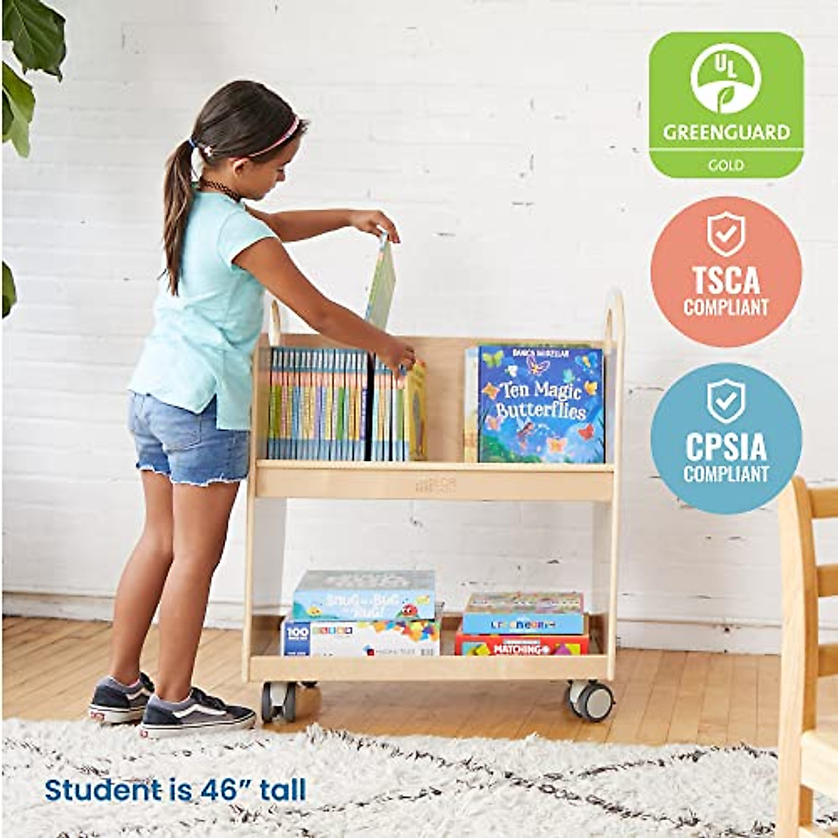 ECR4Kids Mobile Book Cart with Countdown Timer, Classroom Bookshelf, Natural