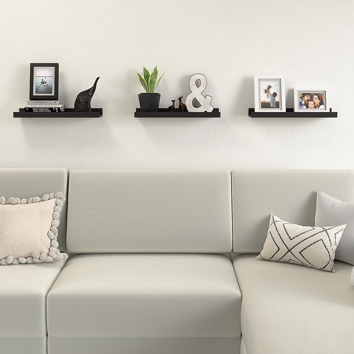 Bosniik 3ps 15.7 Inch Long Floating Bookshelf for Kids Room Black Wall Mounted Shelves with Lip for Storage, Display Picture Ledge Shelf for Bedroom Bathroom Kitchen Living Room Wall Decor Black