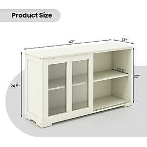 COSTWAY Buffet Sideboard with Storage, 2-Door Floor Cupboard with Sliding Tempered Glass Cabinet & Adjustable Shelf, Stackable Storage Cabinet for Kitchen, Entryway (Cream White)