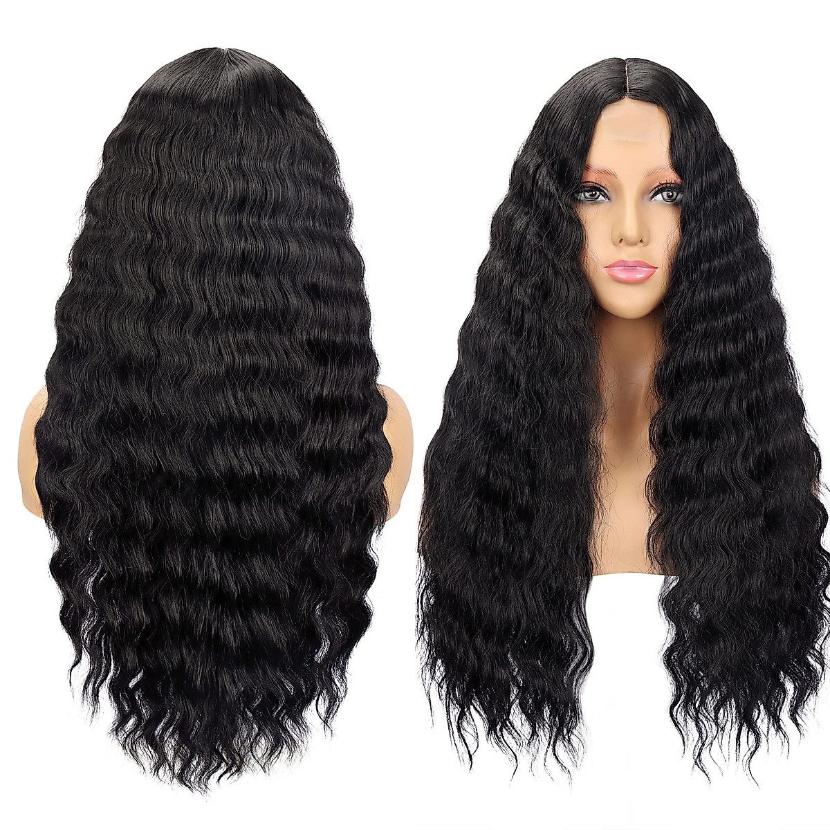 Mairead 28 Inch Long Curly Synthetic Wigs for Black Women Skunk Stripe Wig Side Part Loose Deep Wave Wig Small Lace Front Wigs Natural Looking Crimps Curls Wig