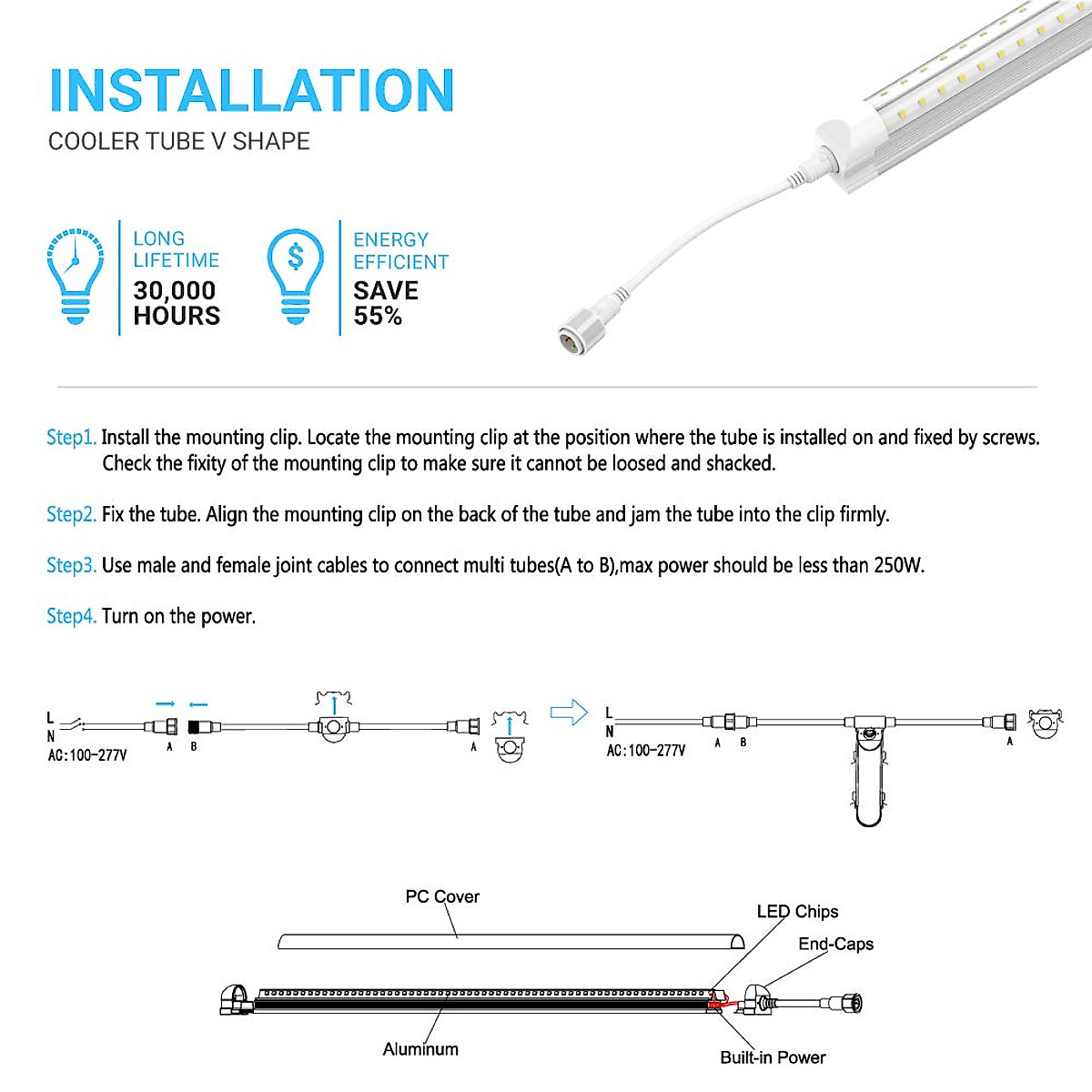 LEDMyplace 18W 4ft LED Freezer/Cooler Tubes T8 V-Shape, 2160 Lumens, 5000k Daylight White, 180° Beam Angle, 100-277V, Tube Lights for Supermarkets Freezer, Grocery Stores, Commercial Freezer Lights
