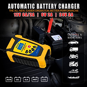 KATBO car Battery Charger, 6V 12V 24V trickle Charger 6-Amp, Battery maintainer, Smart Battery Charger for car Lead-Acid Batteries, AGM, Gel, SLA, STD