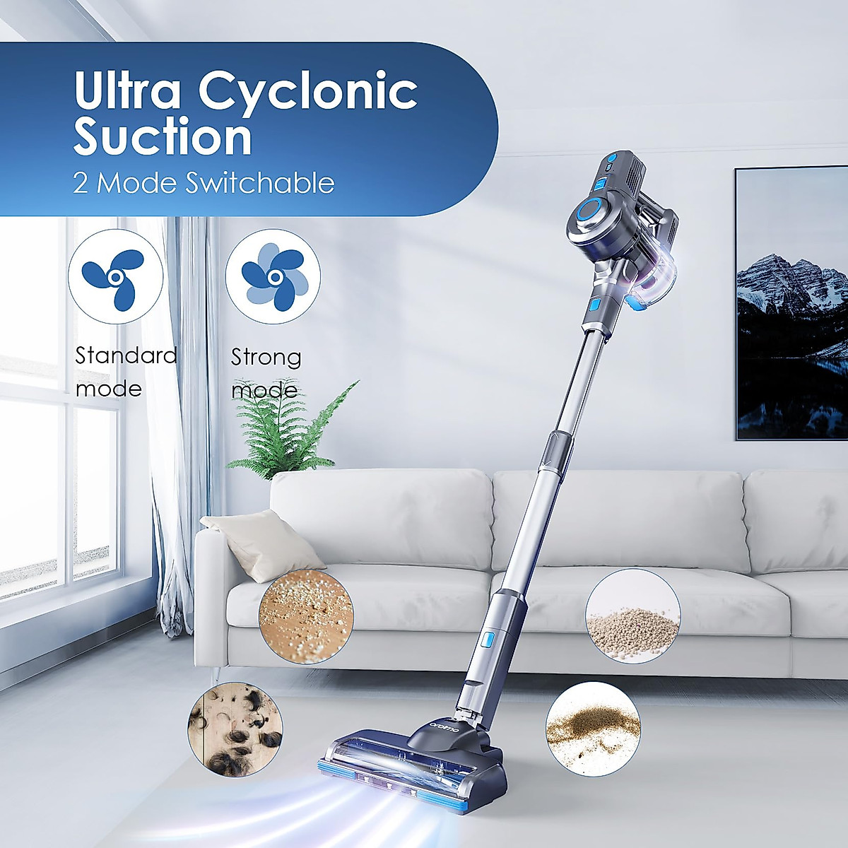 Oraimo Stick Vacuum, Cordless Vacuum Cleaner with Self-Standing, Cordless Stick Vacuum with 35 Mins Runtime Detachable Battery, 6 in 1 Lightweight Vacuum with LED for Hardwood Floor Carpet Marble Tile