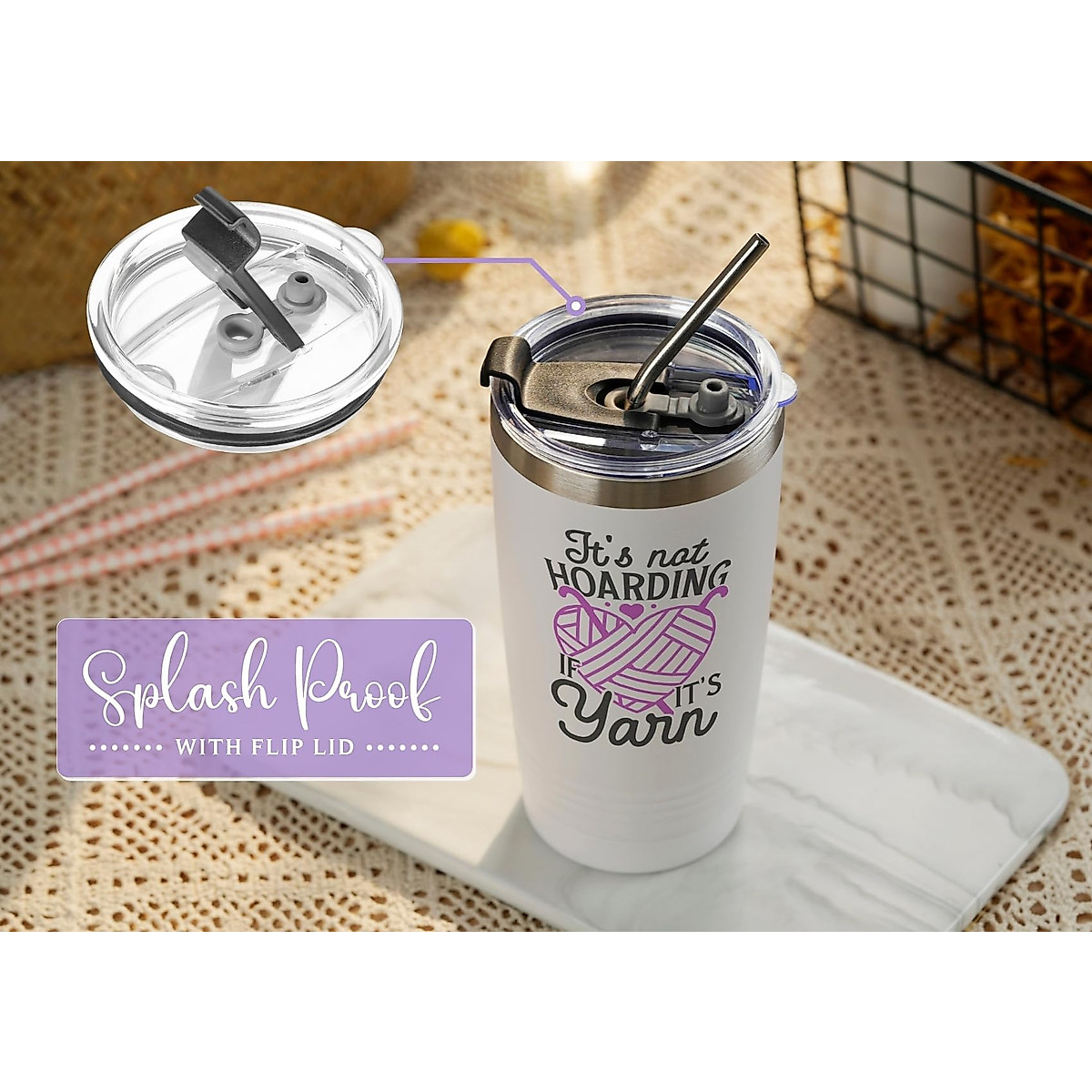 Onebttl Funny Crochet Gifts for Women, Crochet Lovers, 20oz/590ml Stainless Steel Insulated Tumbler with Lid, Knitting Gift for Birthday, Christmas - Hoarding (White)