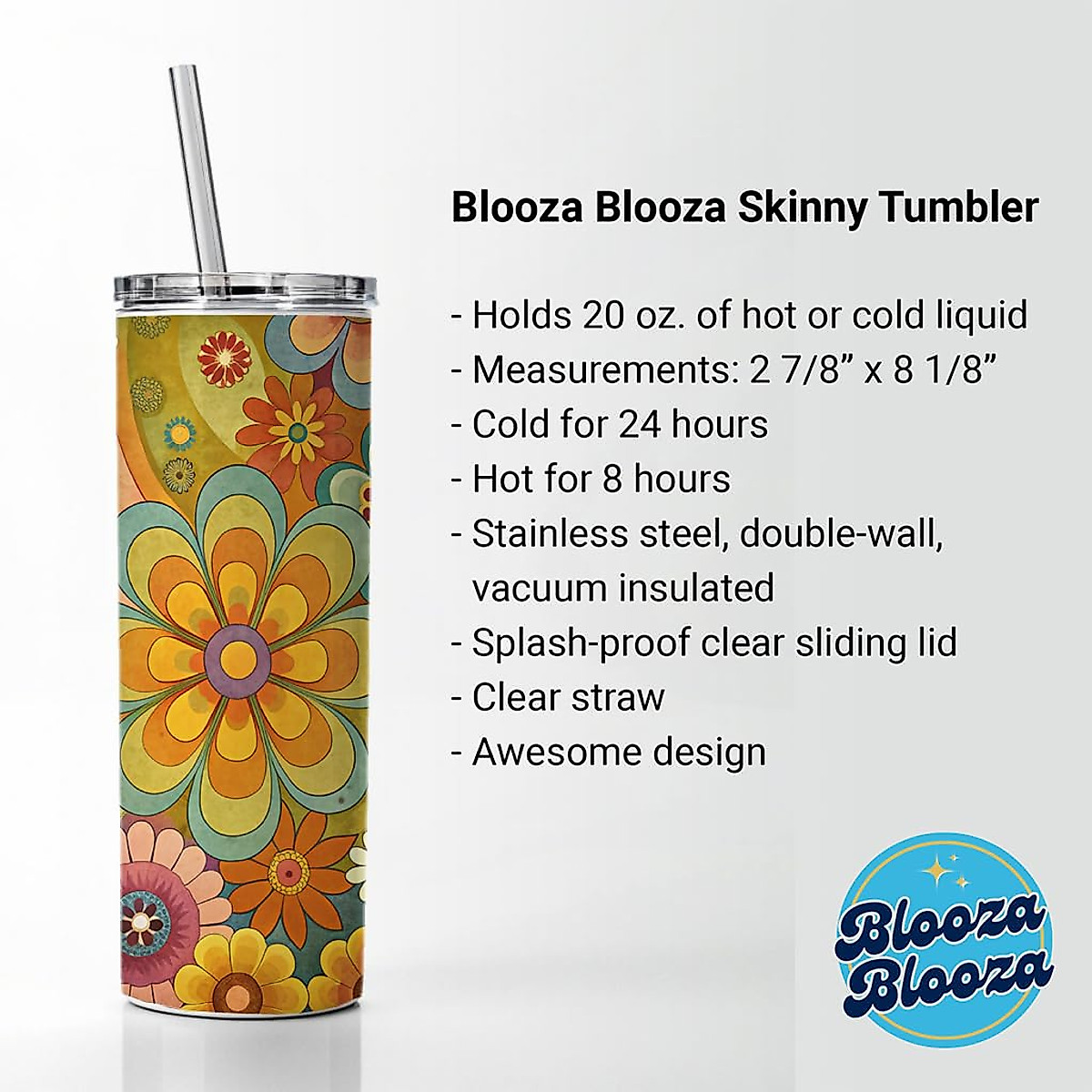 70's Retro Groovy Hippie Pretty Floral Design Skinny Tumbler 20oz with Straw Insulated Water Bottle Gift